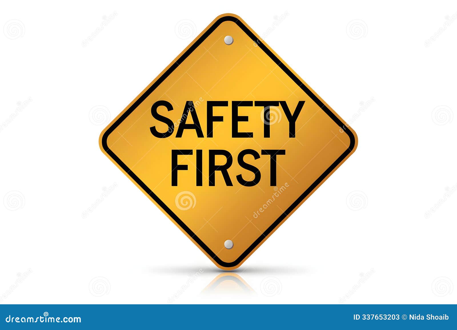 Yellow SAFETY FIRST Sign with Black Border, Reflection Suggests White ...