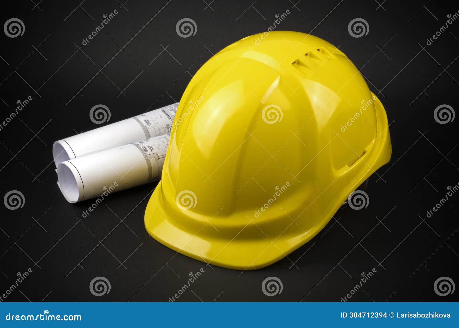 Yellow Safety Hard Hat with Engineering Drawings Stock Photo - Image of ...