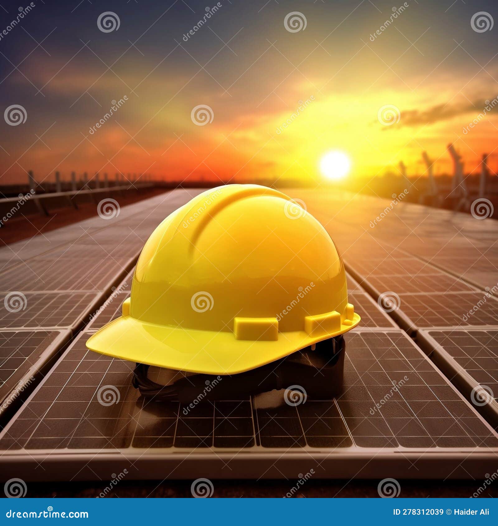 Yellow Safety Helmet on Solar Cell Panel at Sunrise. Generative AI ...