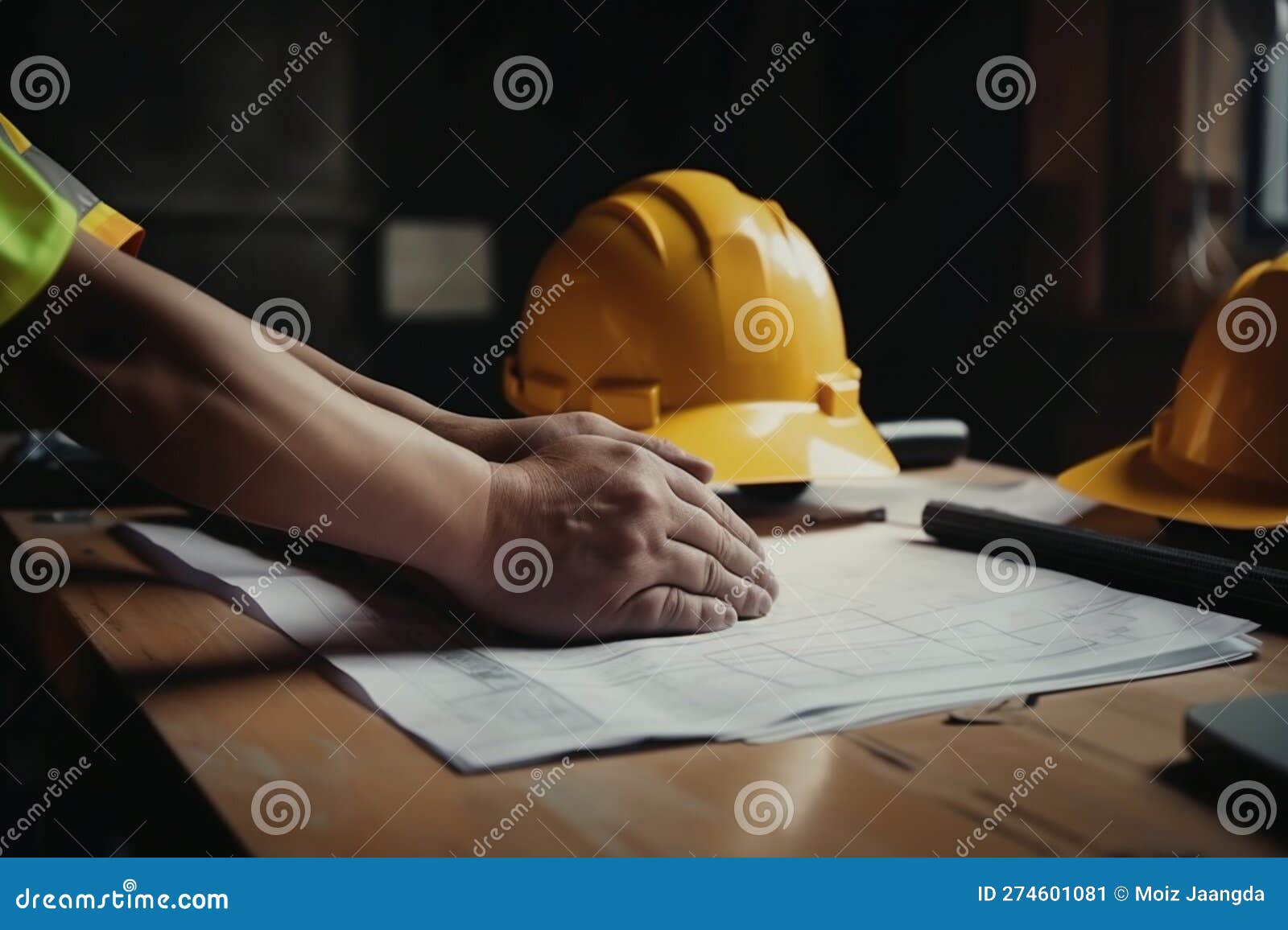 Yellow Safety Helmet on Workplace Desk with Construction Stock ...