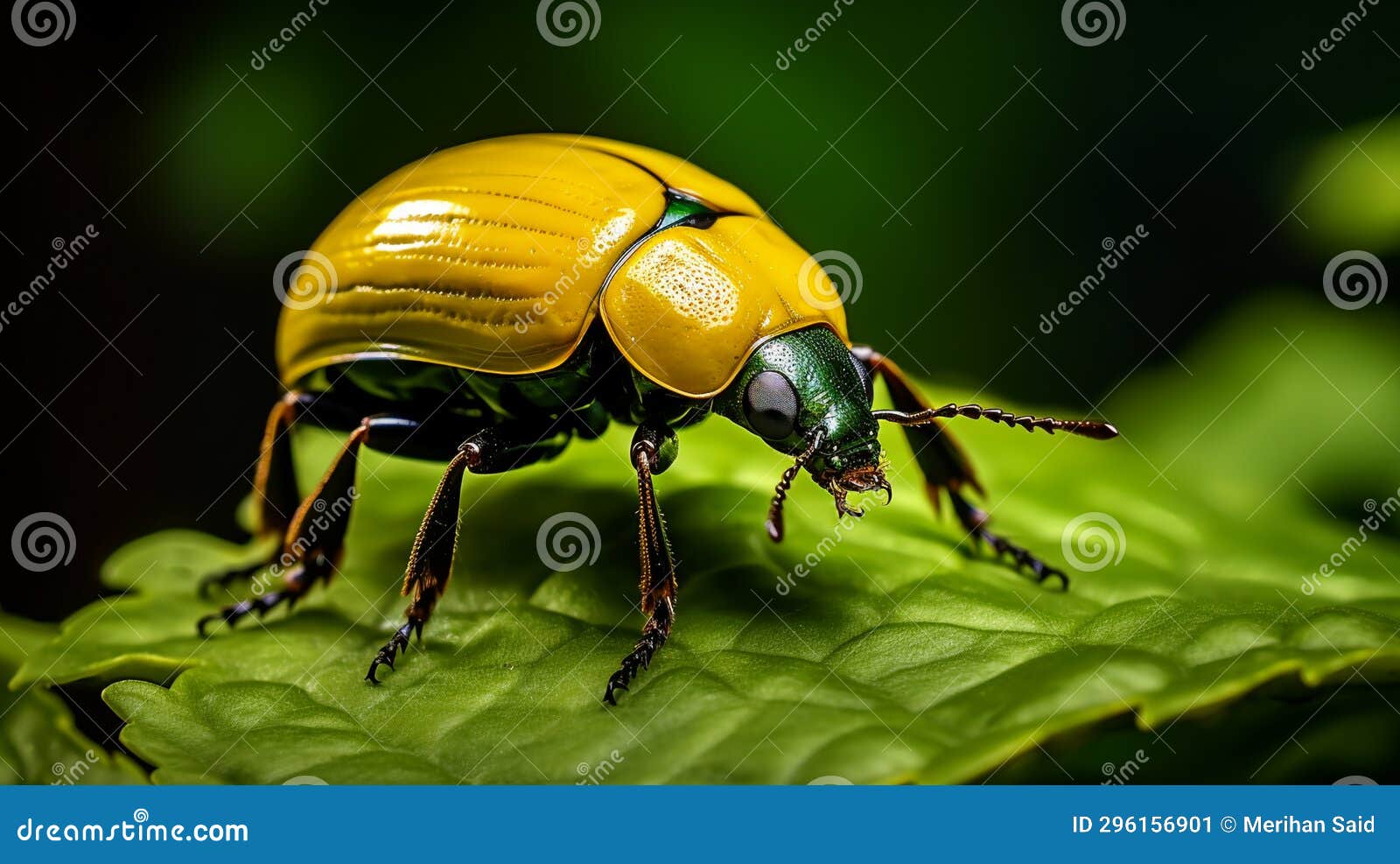 Yellow Scarab Beetle on Green Leaf, AI Generative Stock Illustration ...