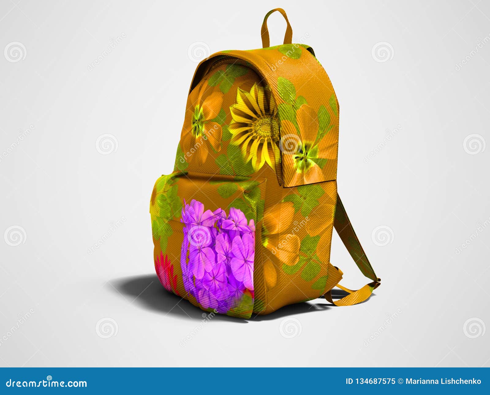 Yellow School Backpack with Flowers Front View 3d Render on Gray ...