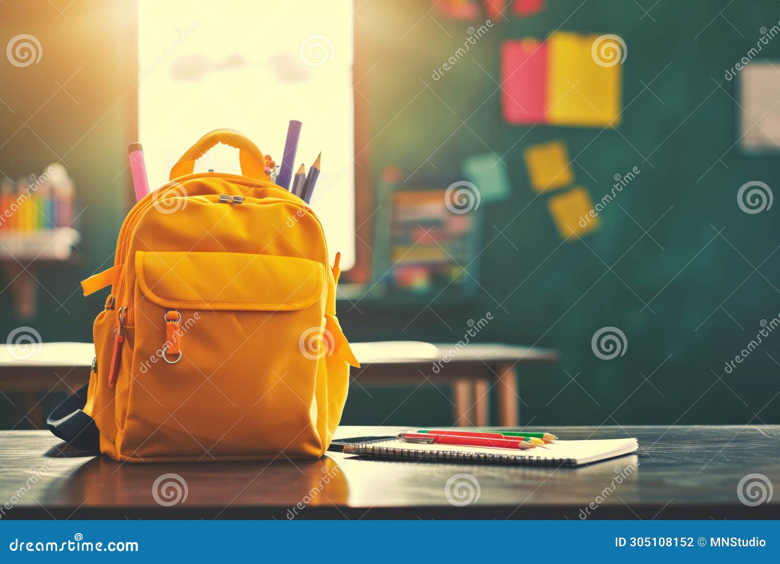 Yellow School Backpack on a Table in Classroom on Sunny Morning. Back ...