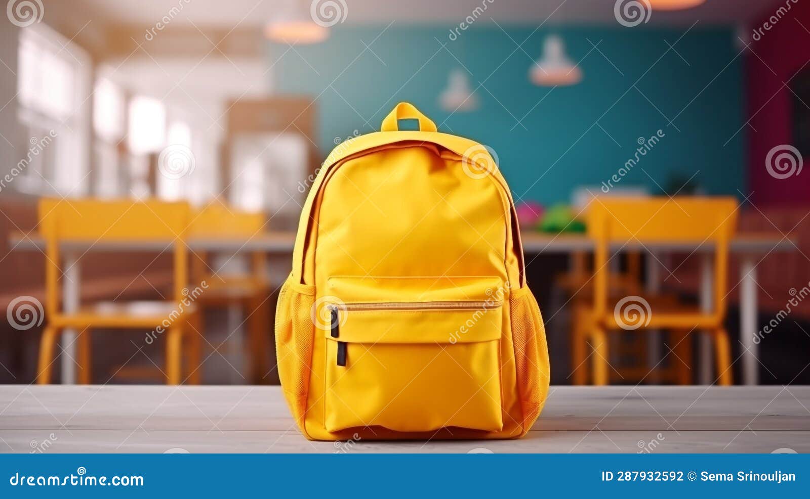 A Yellow School Bag on the Desk at the Classroom in the Morning ...