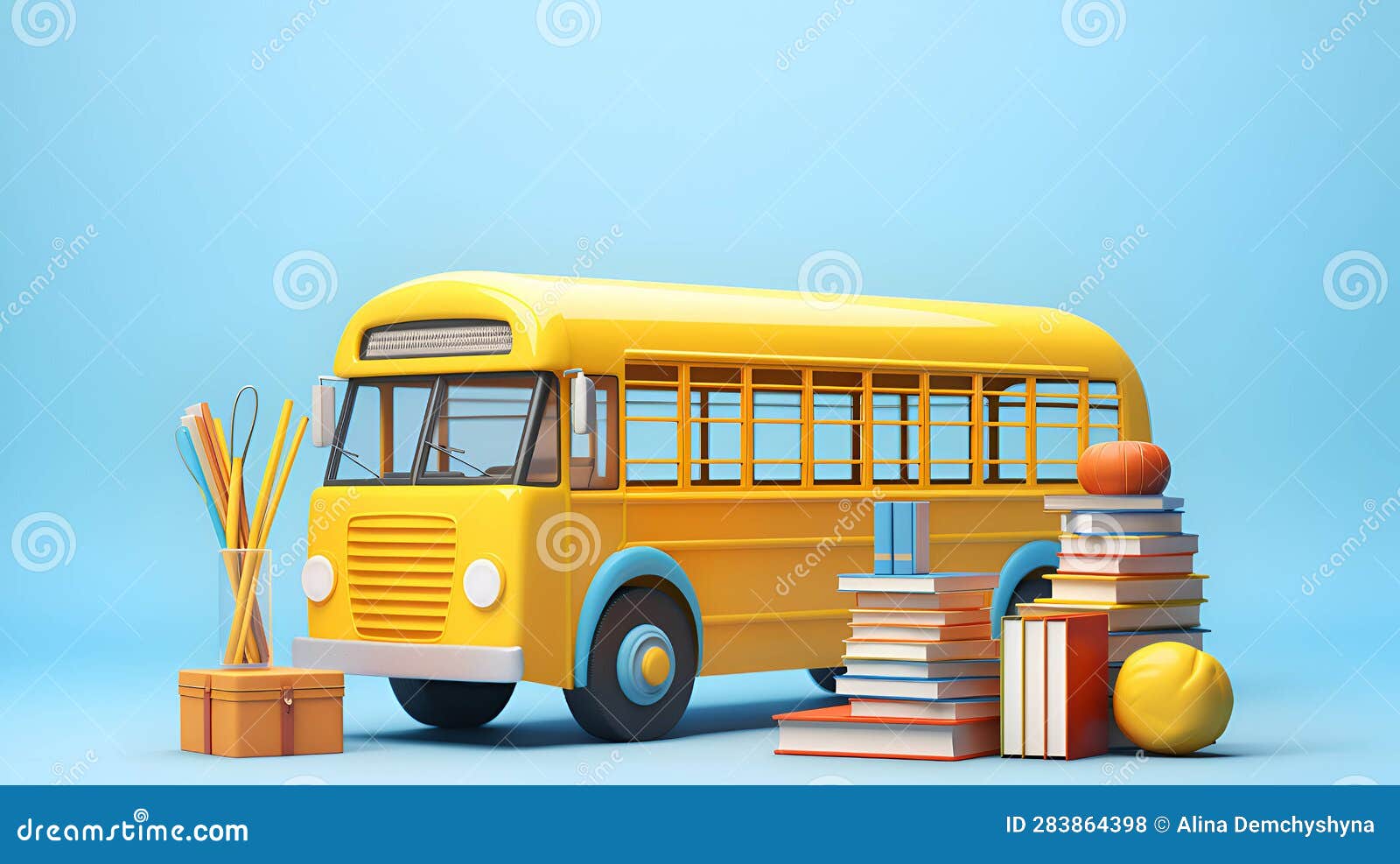 Yellow School Bus with Books on a Blue Background, Generative AI 2 ...