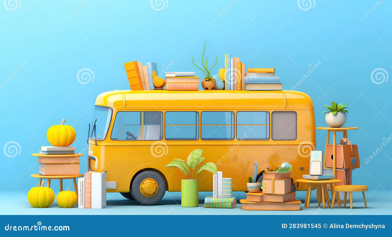 Yellow School Bus with Books on a Blue Background, Generative AI 1 ...