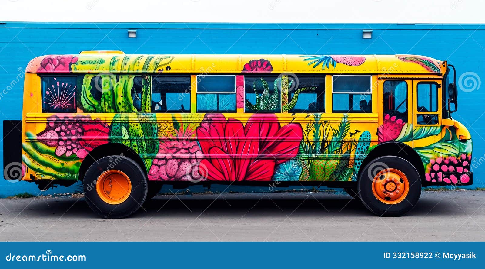 Yellow School Bus Decorated with Graffiti with Prehistoric Plants Stock ...