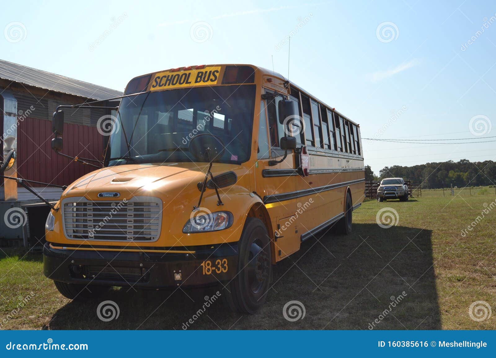 A Yellow School Bus Parked on the Grass Stock Photo - Image of building ...