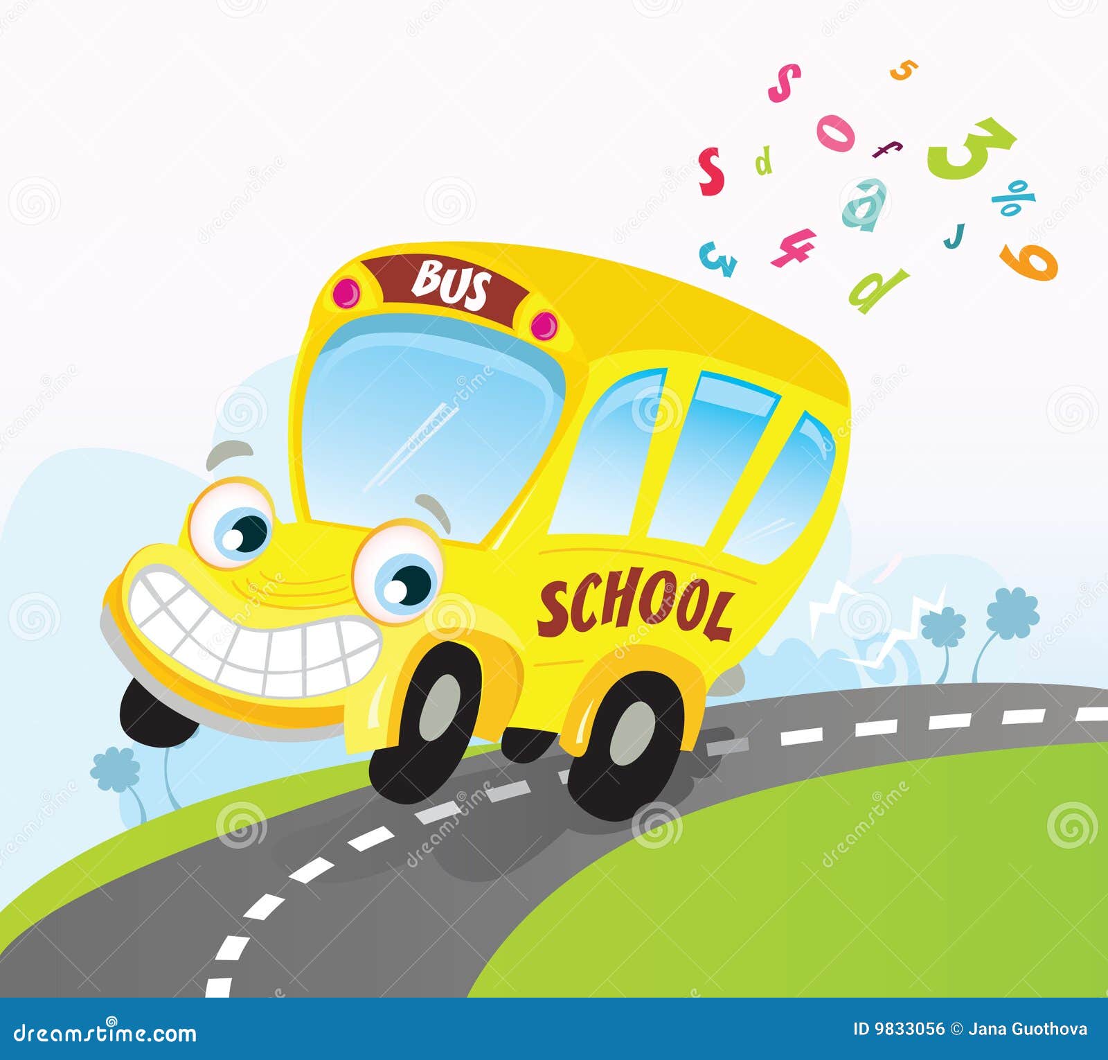 Yellow school bus on road stock vector. Illustration of green - 9833056