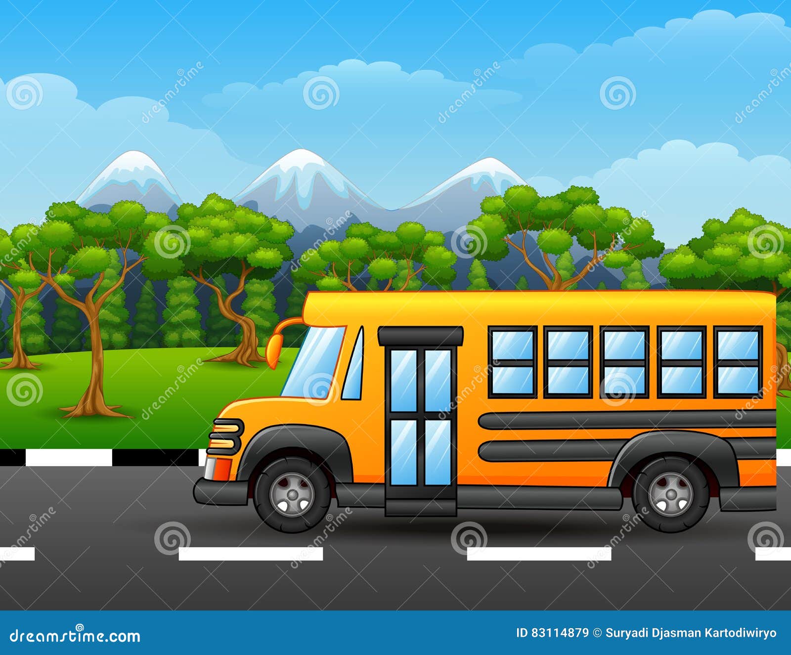 Yellow School Bus on Road with Mountains and Trees Stock Vector ...