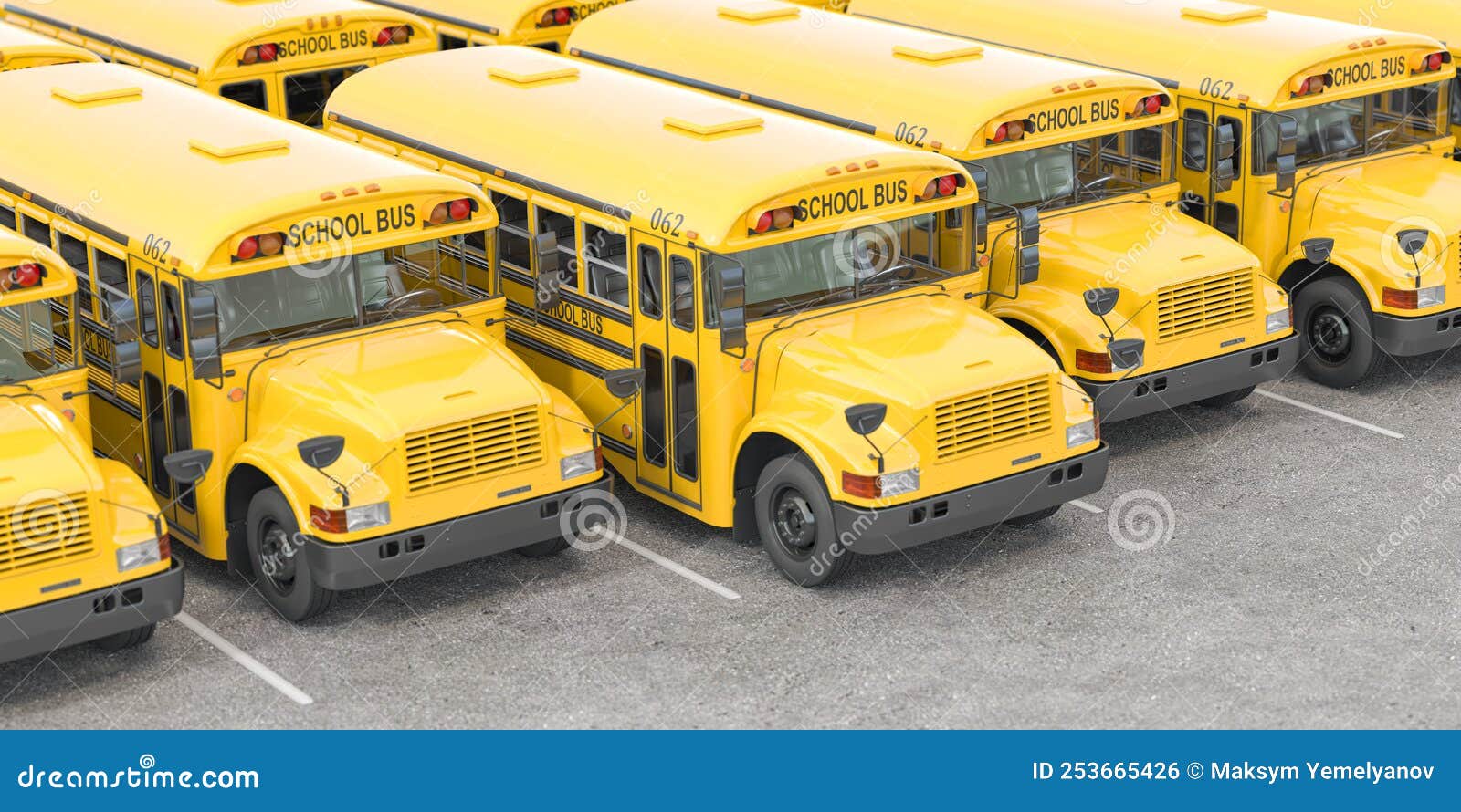 Yellow School Bus in a Row on a Parking Stock Illustration ...