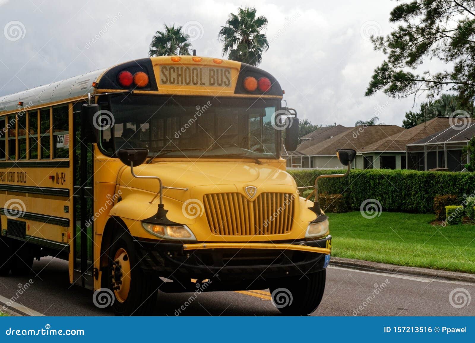 Yellow School Bus On City Street. Schoolbus Shuttle On Road. Education ...