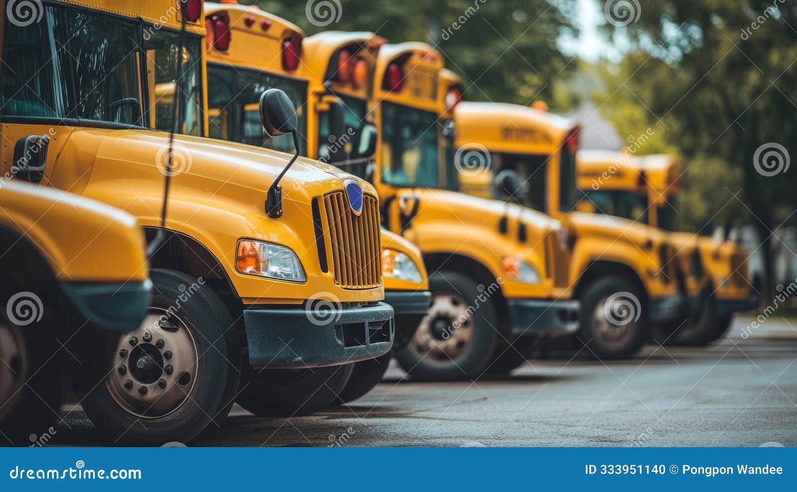 Yellow School Buses Lined Up in Front of School Ready for First Day ...