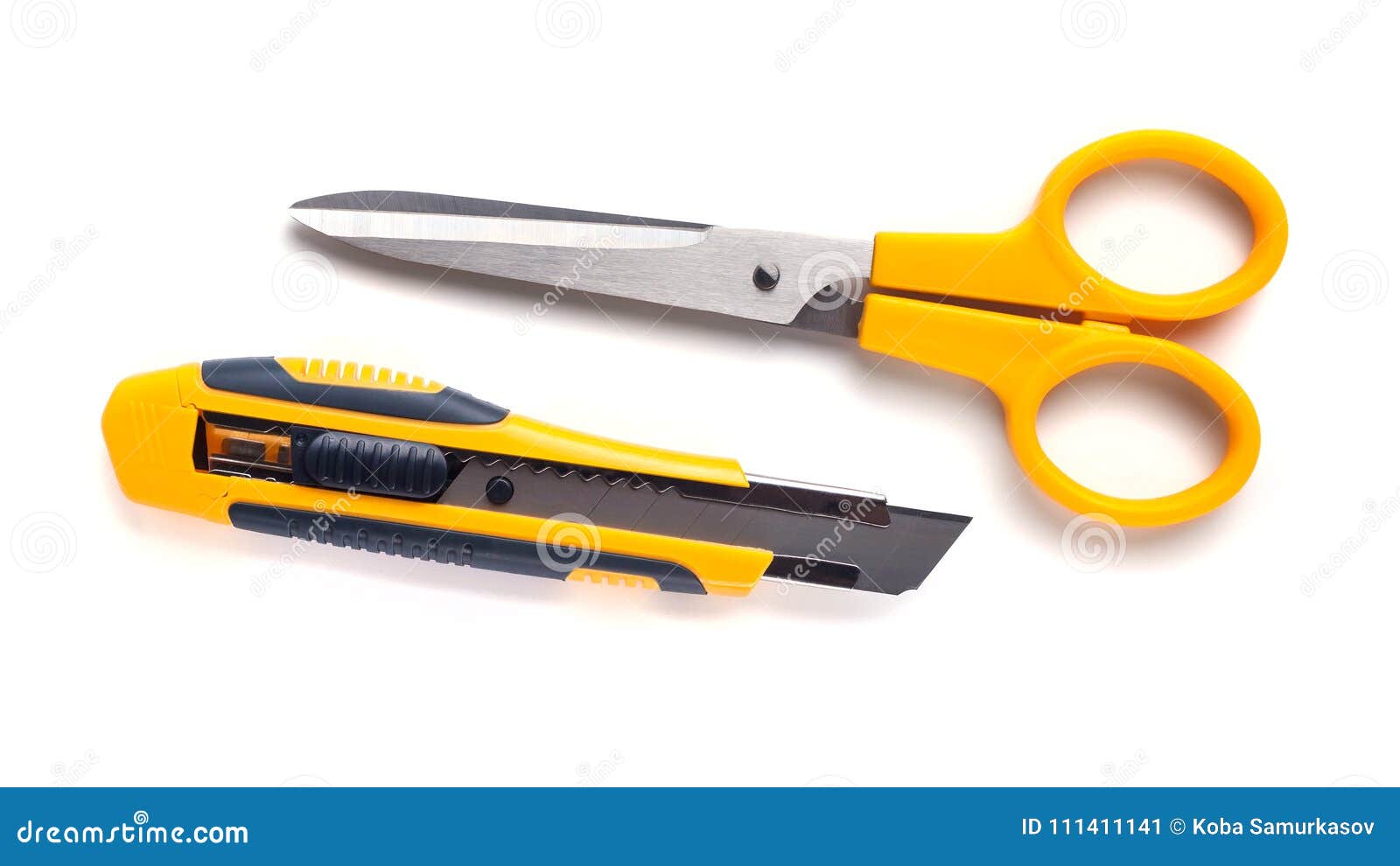 Yellow Scissors And Cutter Knife Isolated On White Background Stock ...