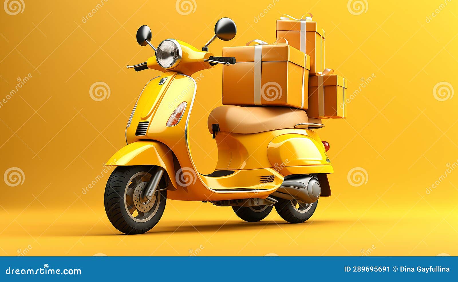 Yellow Scooter with Stack of Boxes on Yellowbackground. 3d Illustration ...