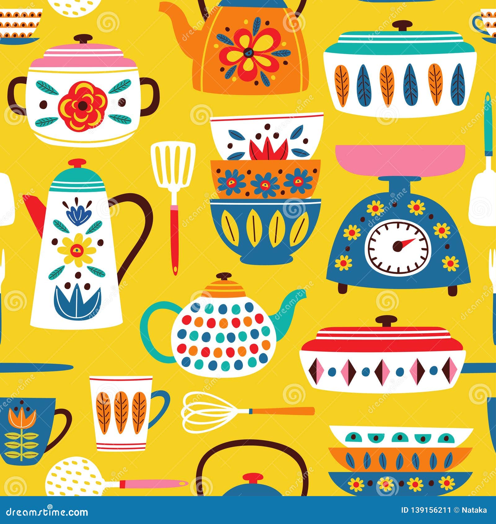 Yellow Seamless Pattern with Vintage Kitchen Stock Vector ...