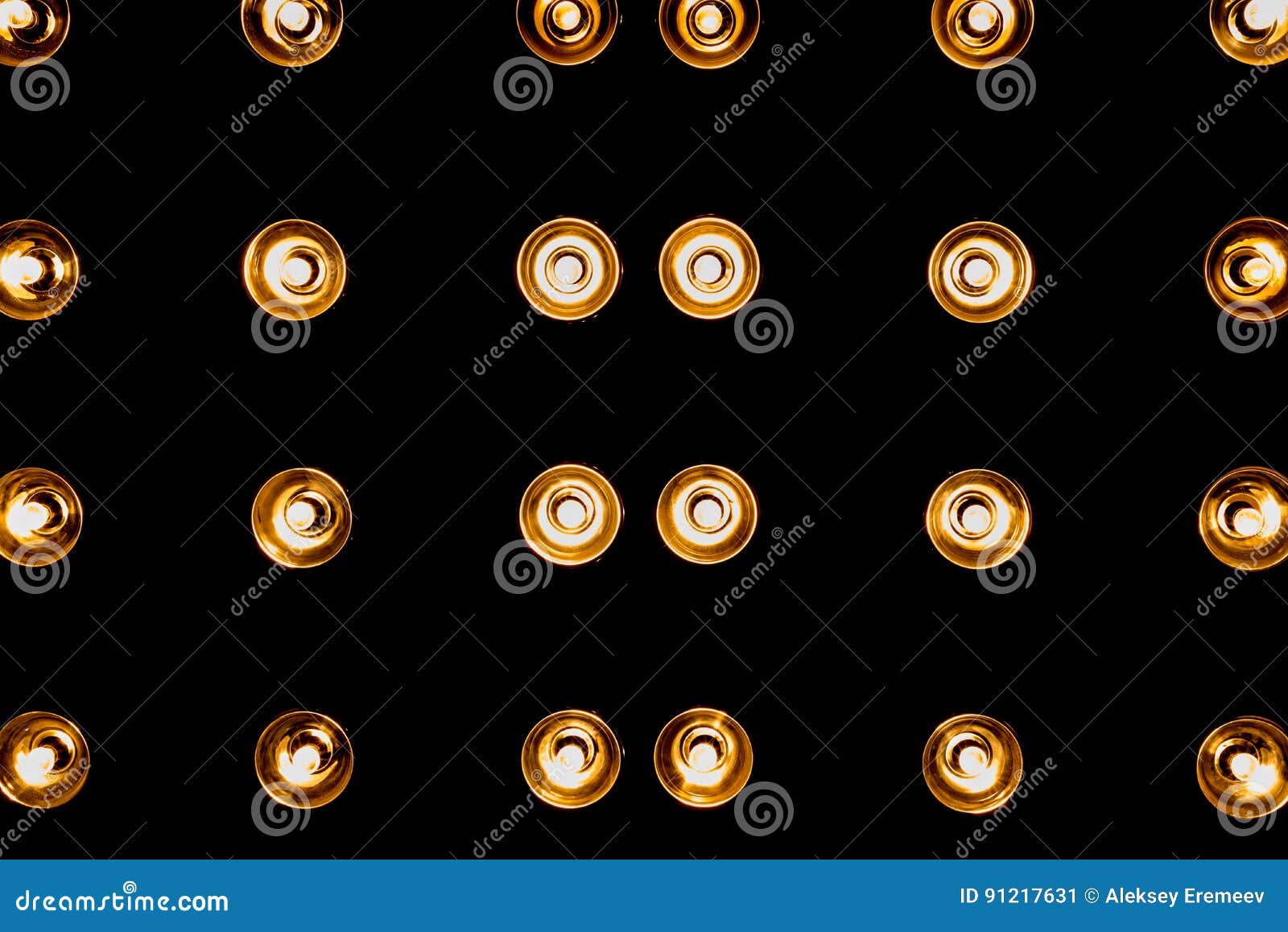 Yellow Searchlight in a Row, on a Black Background. Horizontal Frame ...