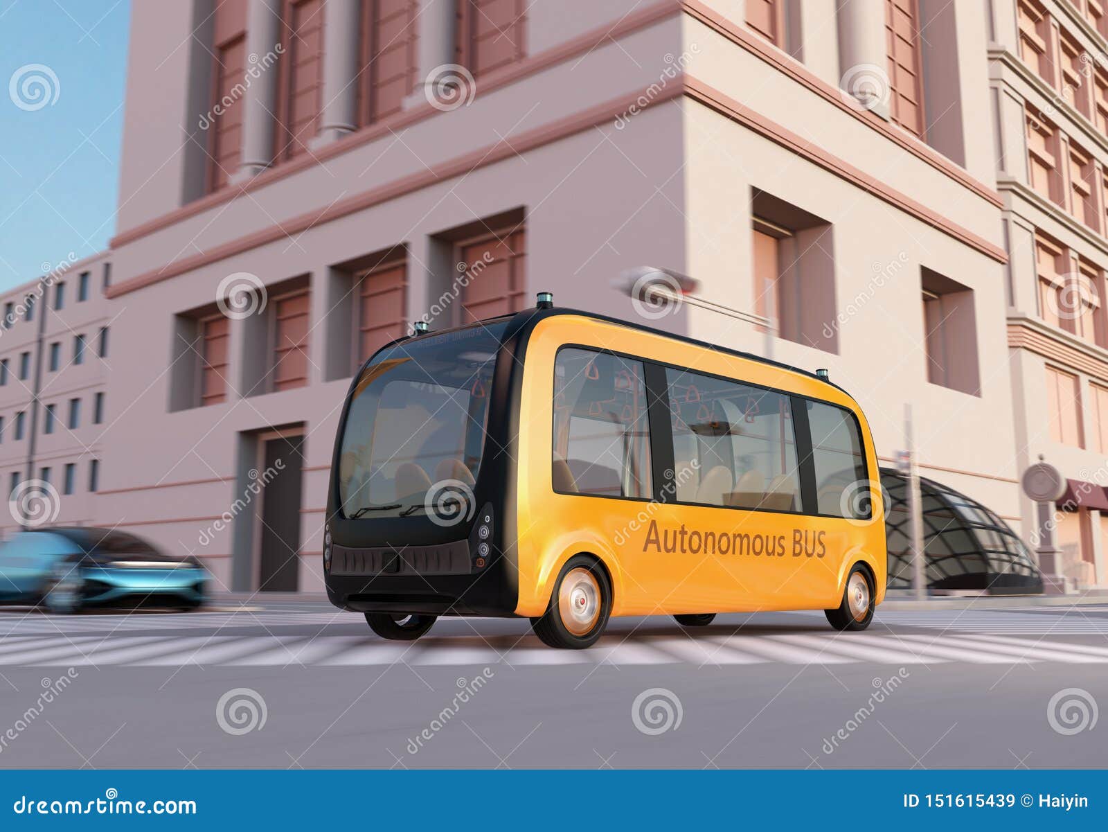 Yellow Self-driving Shuttle Bus is Driving through an Intersection ...