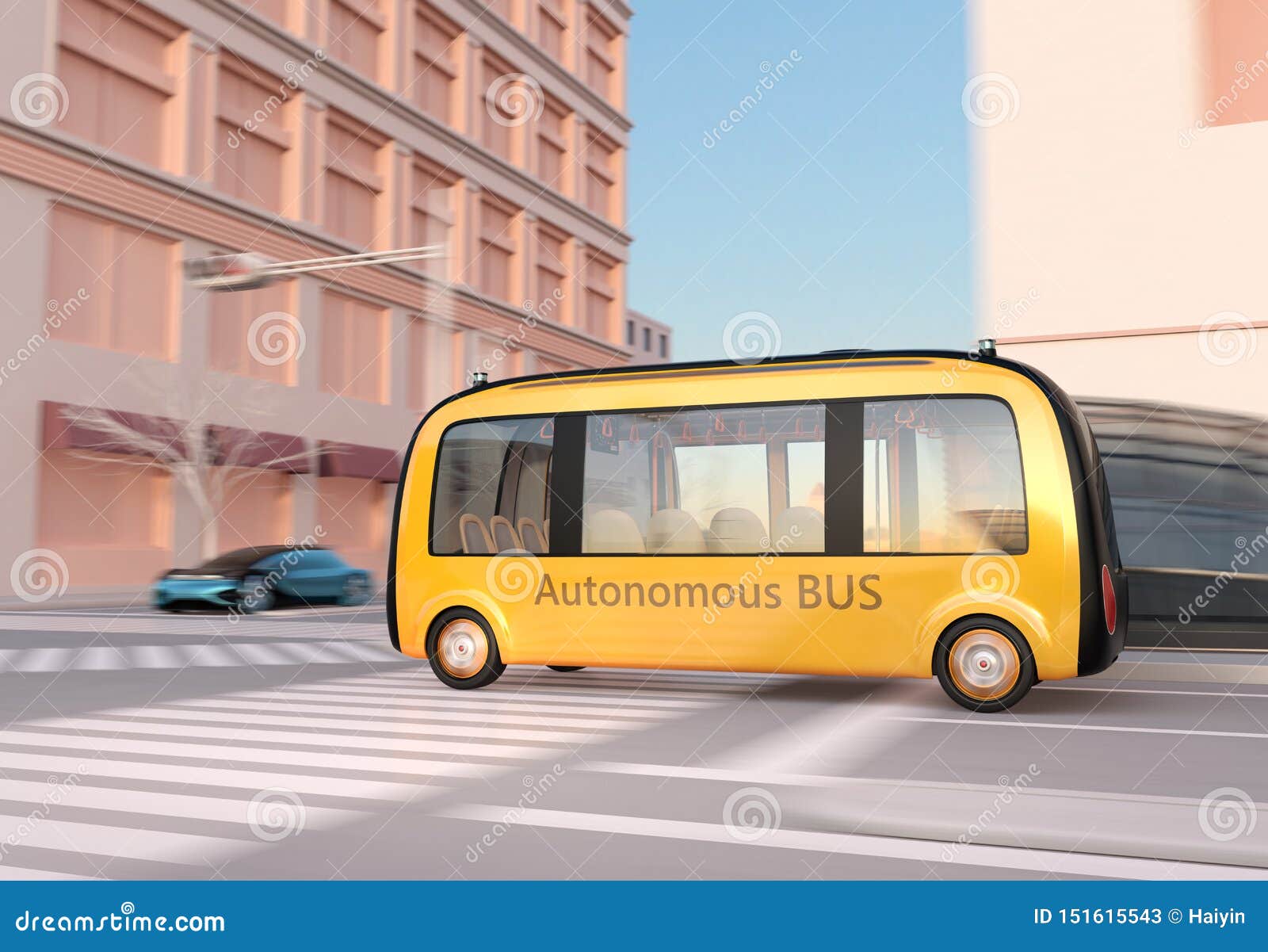 Yellow Self-driving Shuttle Bus is Driving through an Intersection ...