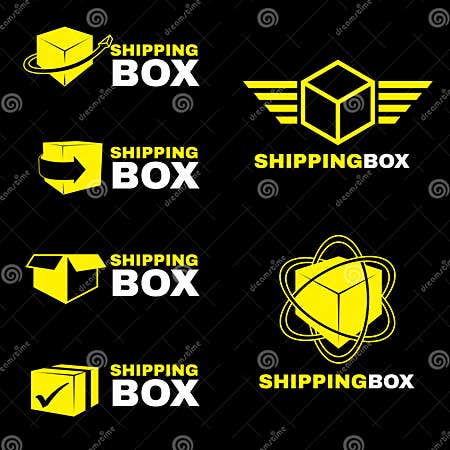 Yellow Shipping Box Logo Sign Vector Set Isolate on Black Stock Vector ...