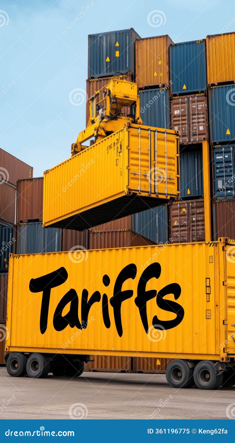 Yellow Shipping Container with Word Tariffs is Being Lifted by Crane ...