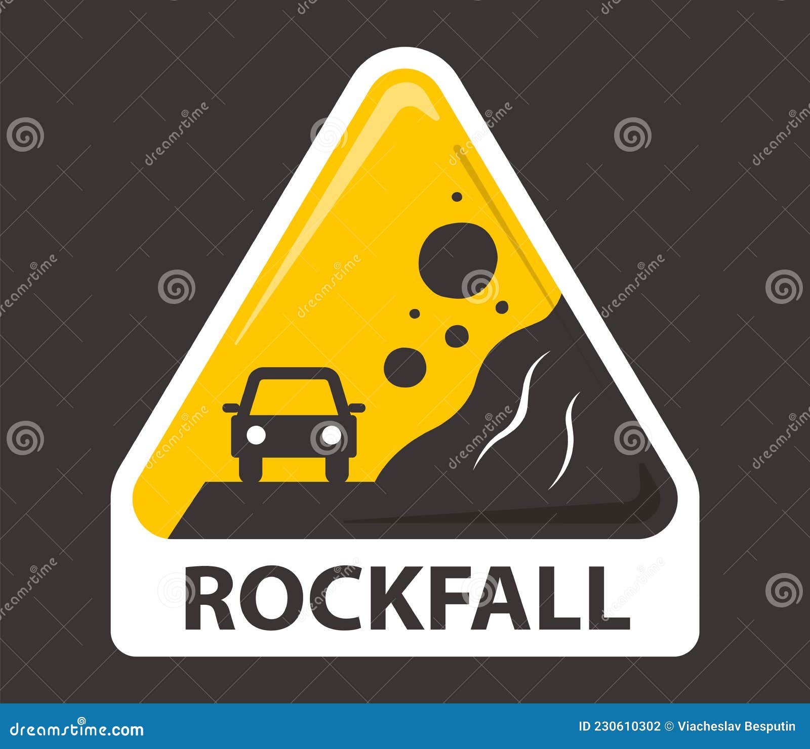 Yellow Sign Caution Rockfall. Stone Falls on a Car Stock Vector ...