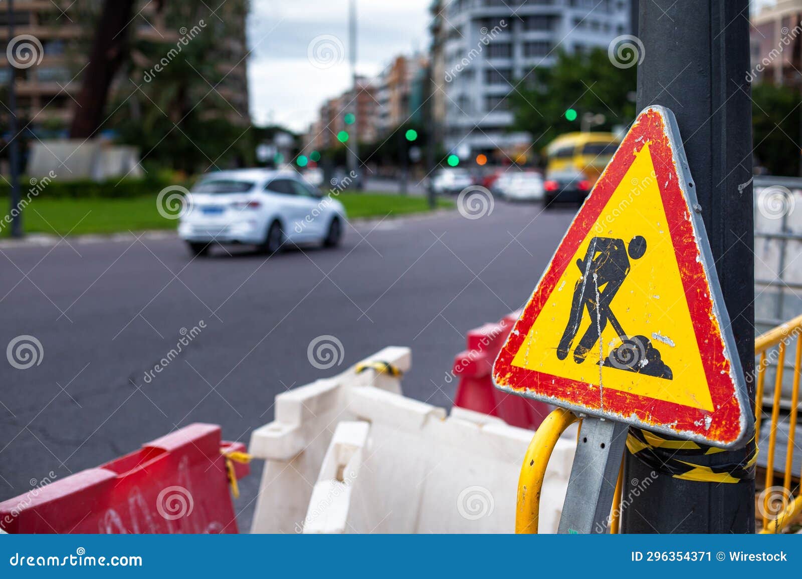 Yellow Sign of a Construction Site on the Street Stock Image - Image of ...