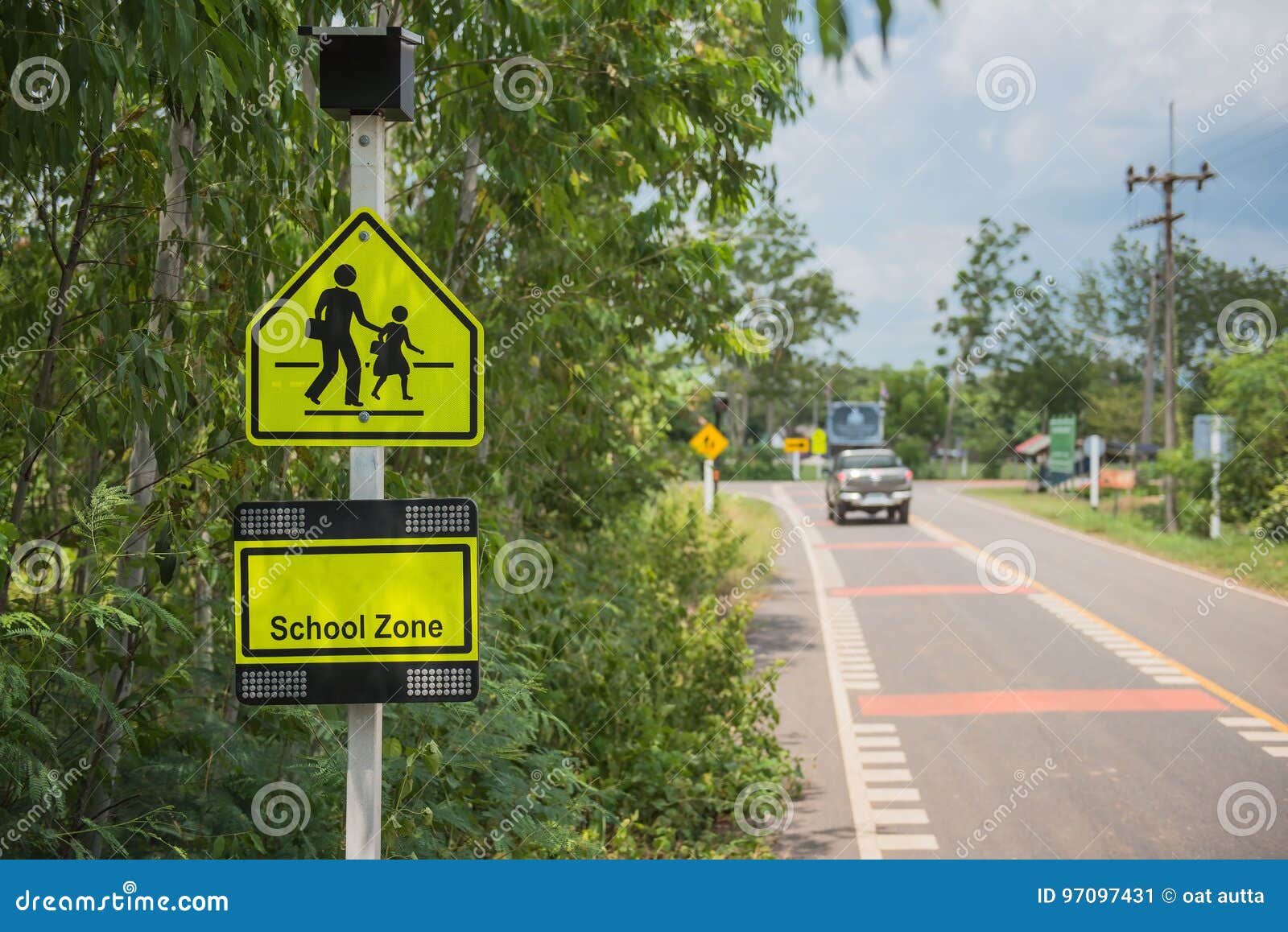Yellow Sign School Zone Symbol in the Countryside Stock Image - Image ...