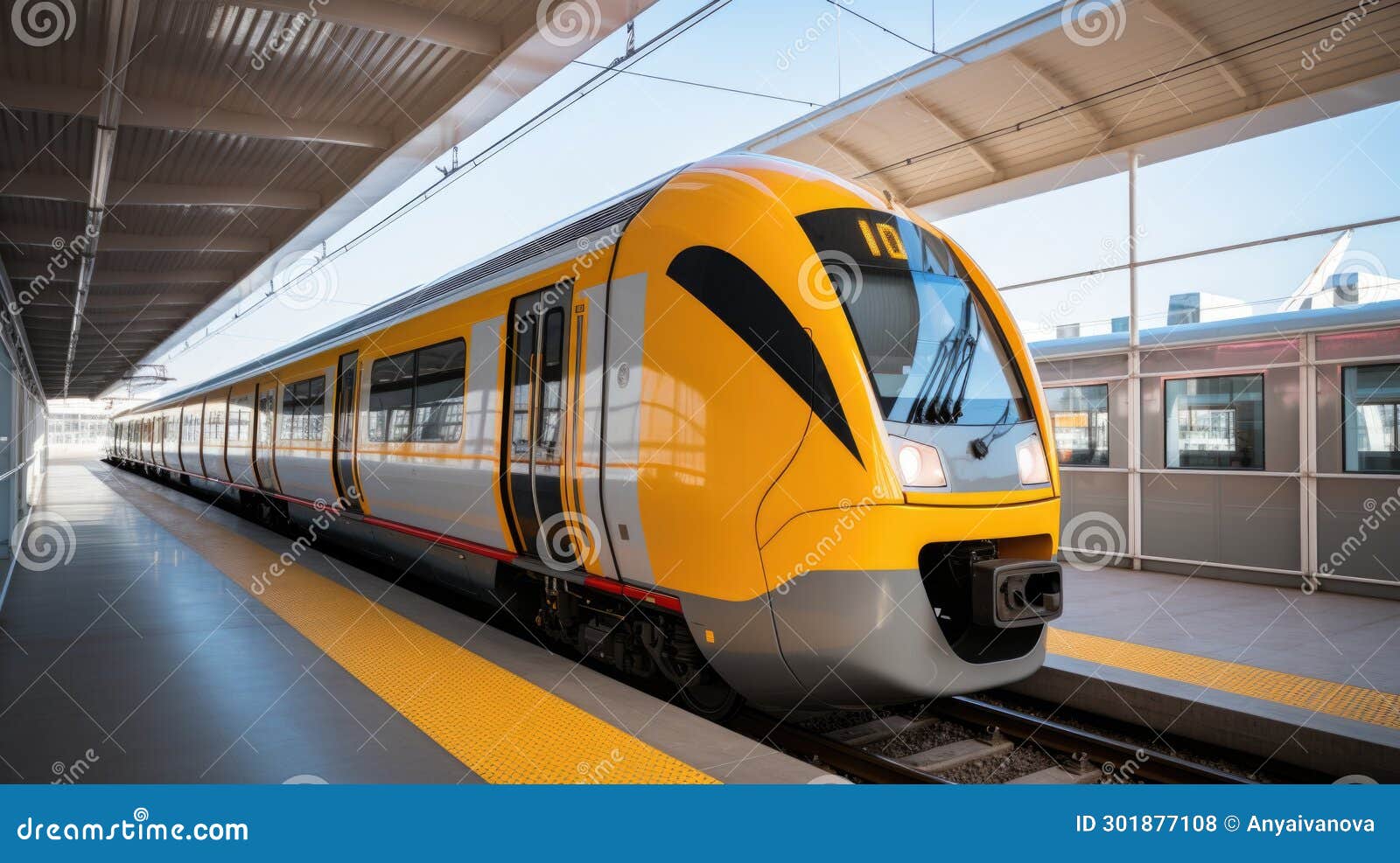 A Yellow and Silver Train Pulling into a Train Station Stock Photo ...
