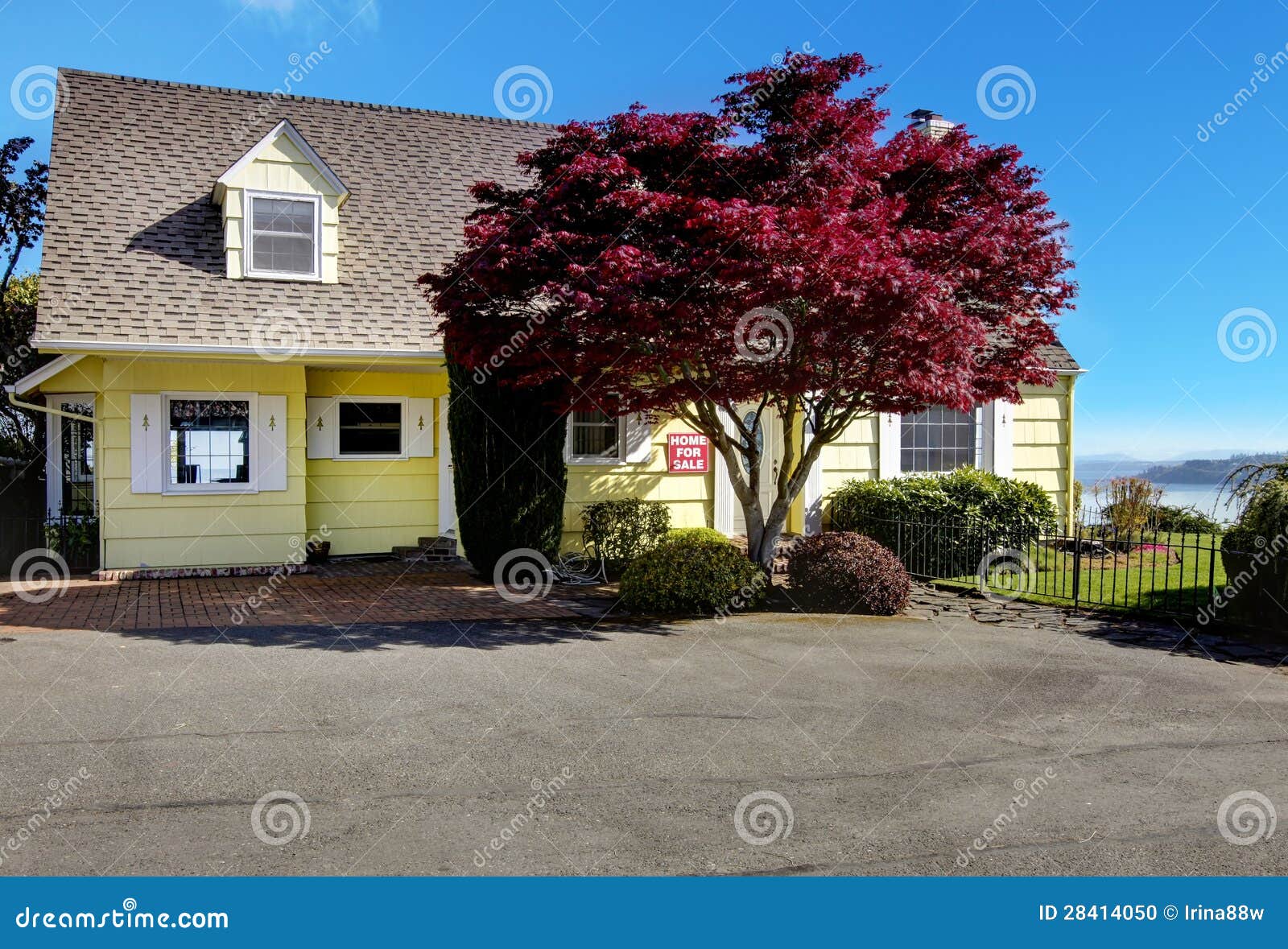 Yellow Small Home with Water View and Red Maple. Stock Photo - Image of ...