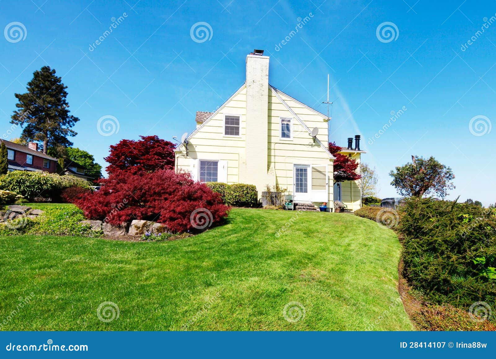 Yellow Small Home with Water View and Red Maple. Stock Image - Image of ...