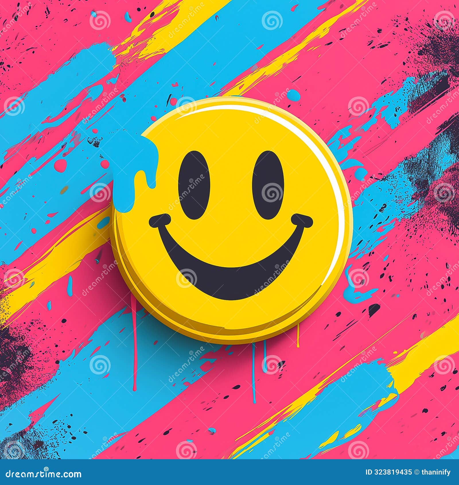 A Yellow Smiley Face Button with Paint Splatters on a Pink and Blue ...