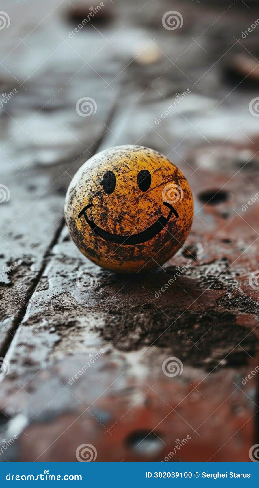 A Yellow Smiley Face Sitting On A Rock With Dirt And Grime, AI Stock ...