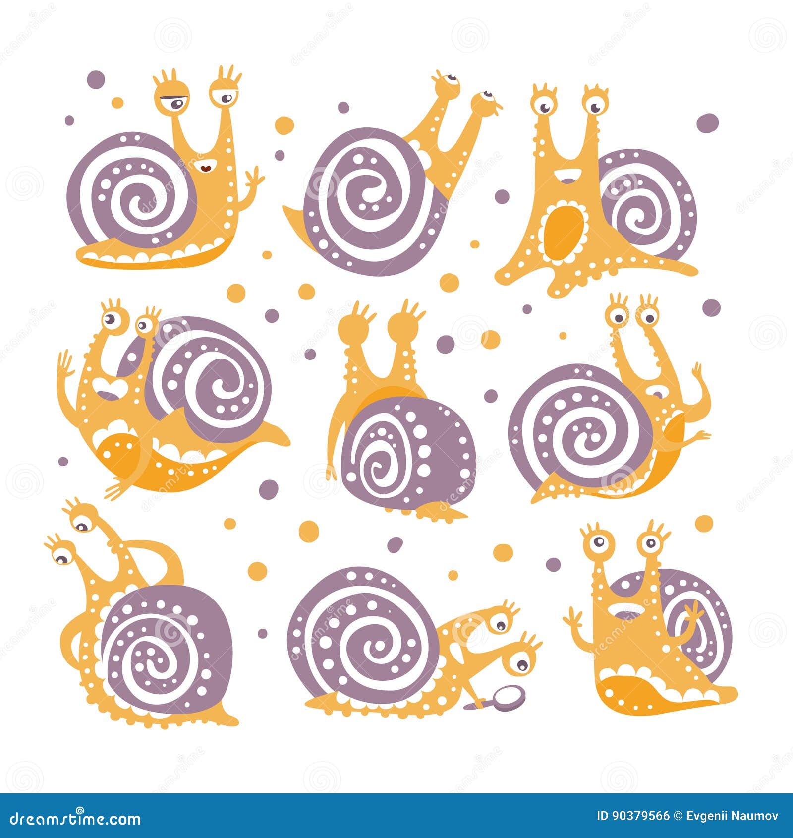 Yellow Snail with Purple Shell Different Poses Set of Stylized Vector ...
