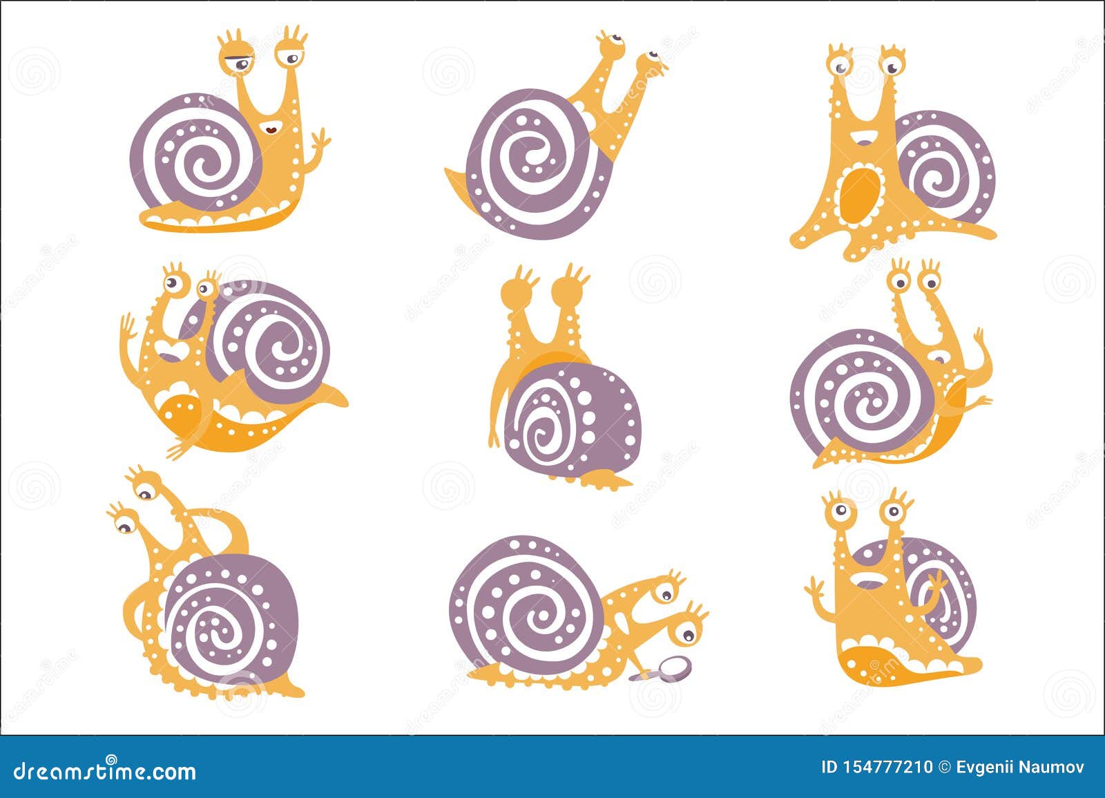 Yellow Snail with Purple Shell Different Poses Set of Stylized Vector ...