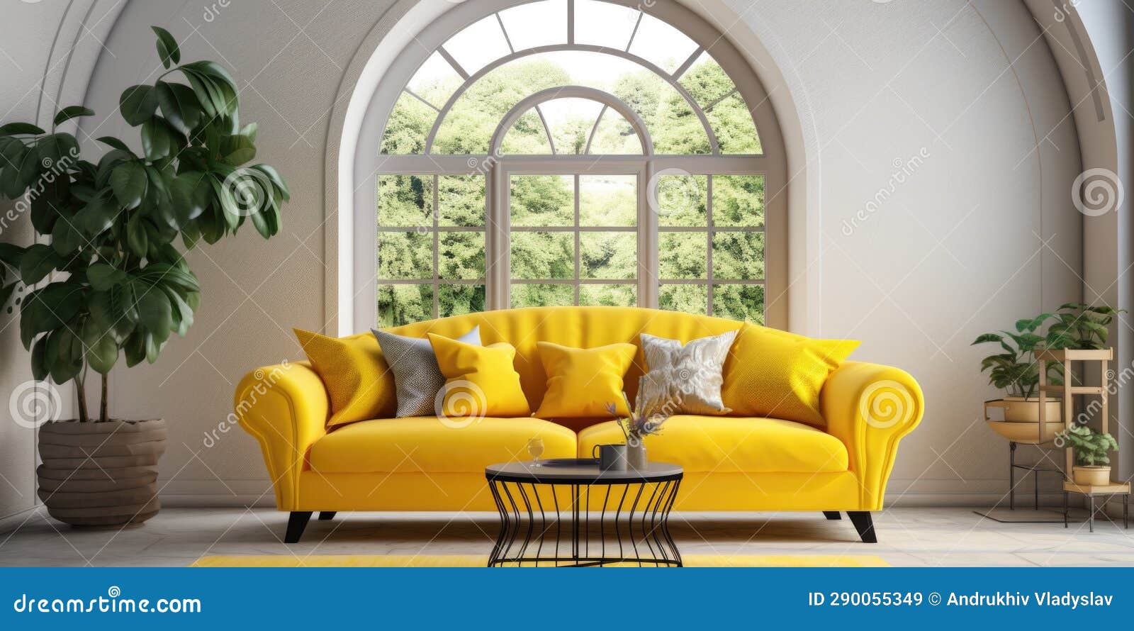 Yellow Sofa in Front of Arched Window. Interior Design of Modern Living ...