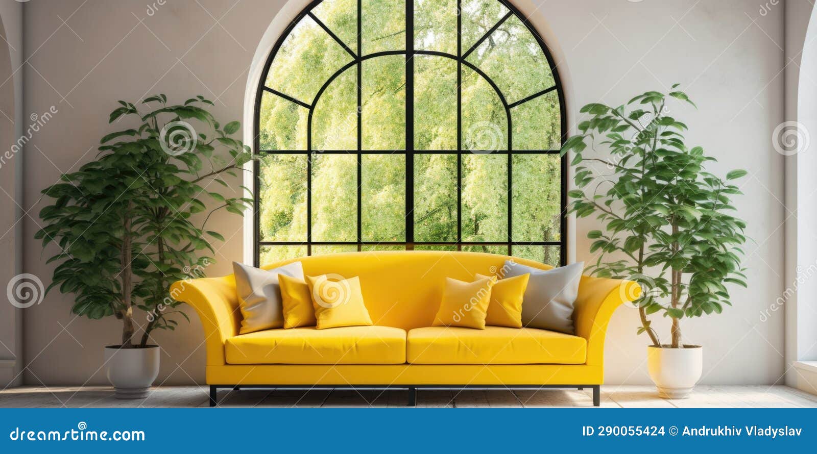 Yellow Sofa in Front of Arched Window. Interior Design of Modern Living ...
