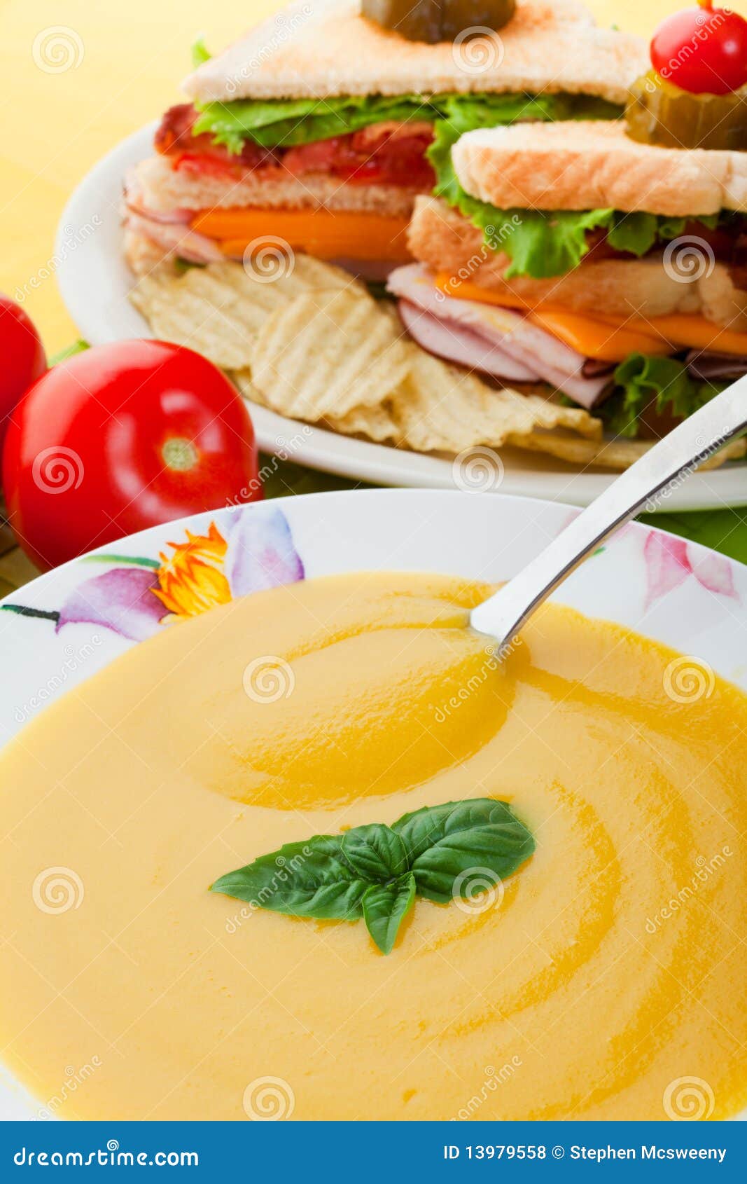Yellow soup and sandwich stock photo. Image of bacon - 13979558
