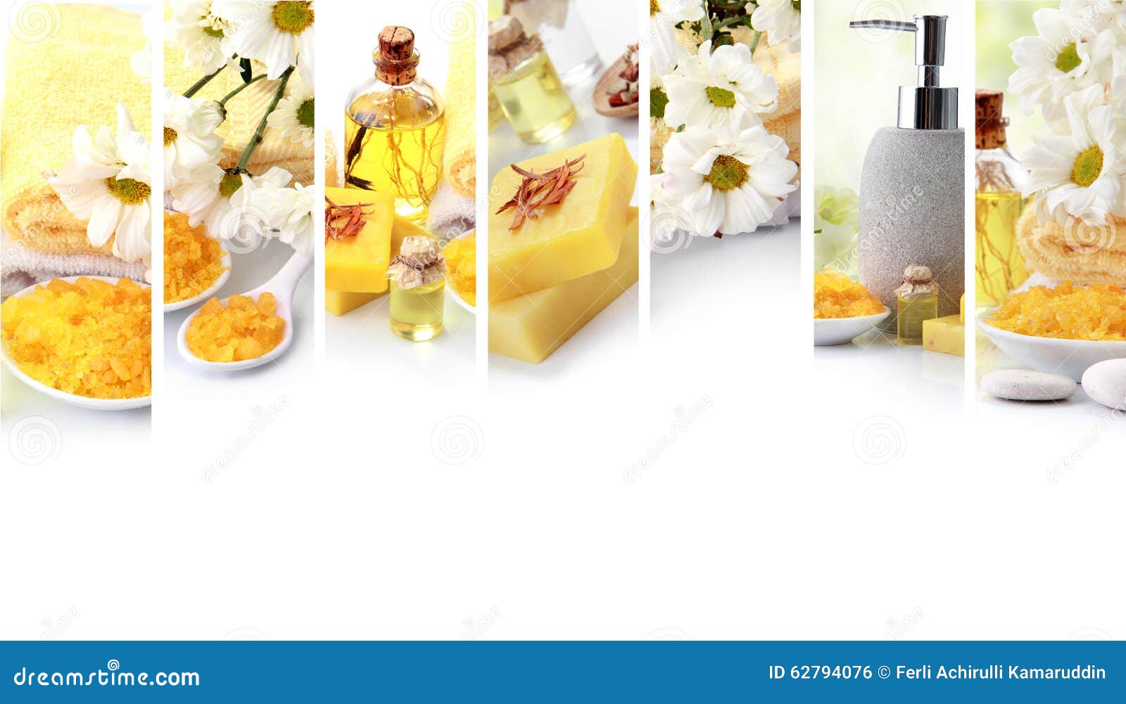 Yellow Spa Concept Collage. Soap and Essensials Spa Objects Stock Photo ...