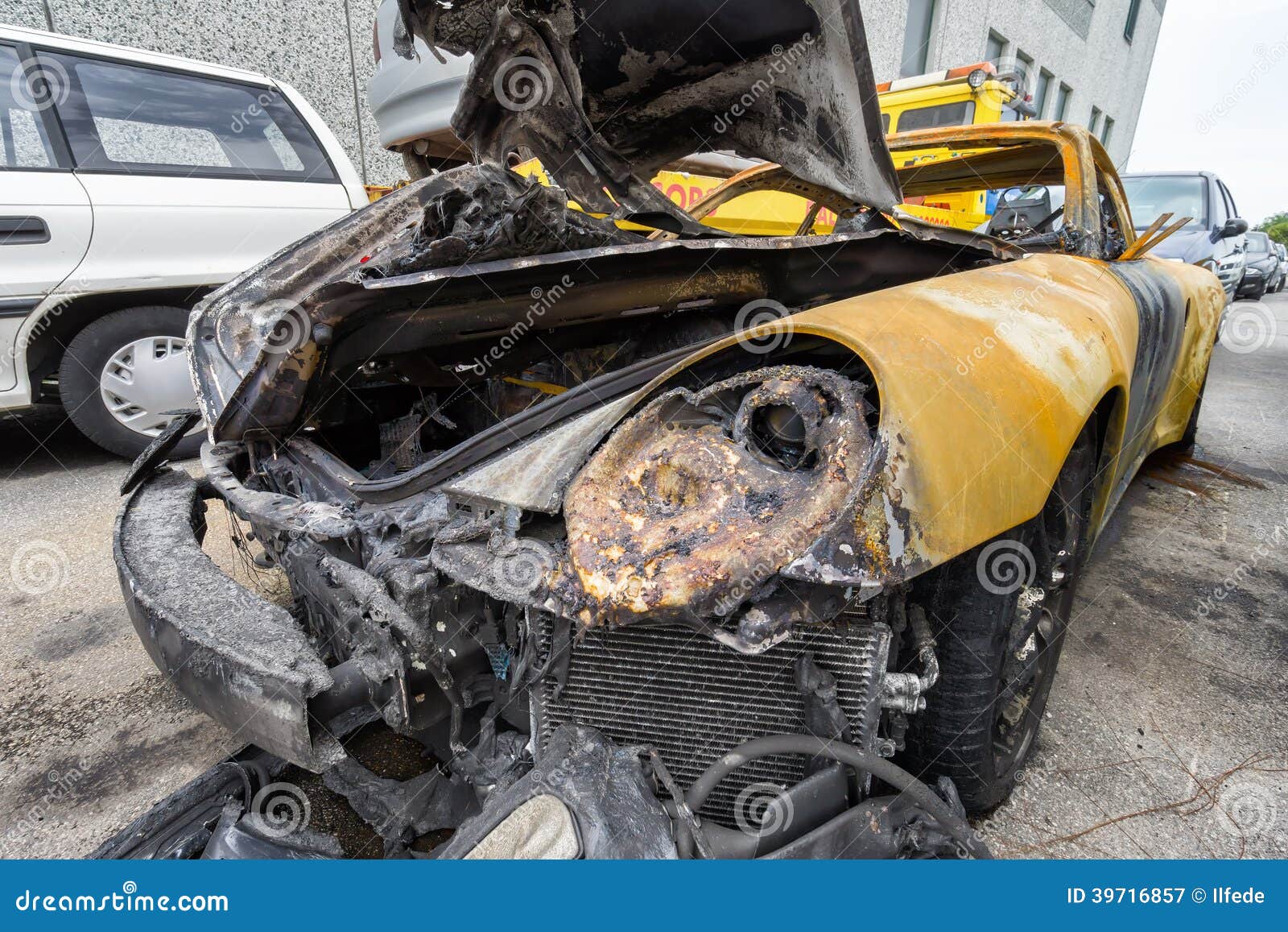 Yellow Sport Car Crashed and Burned Stock Image - Image of vandalism ...