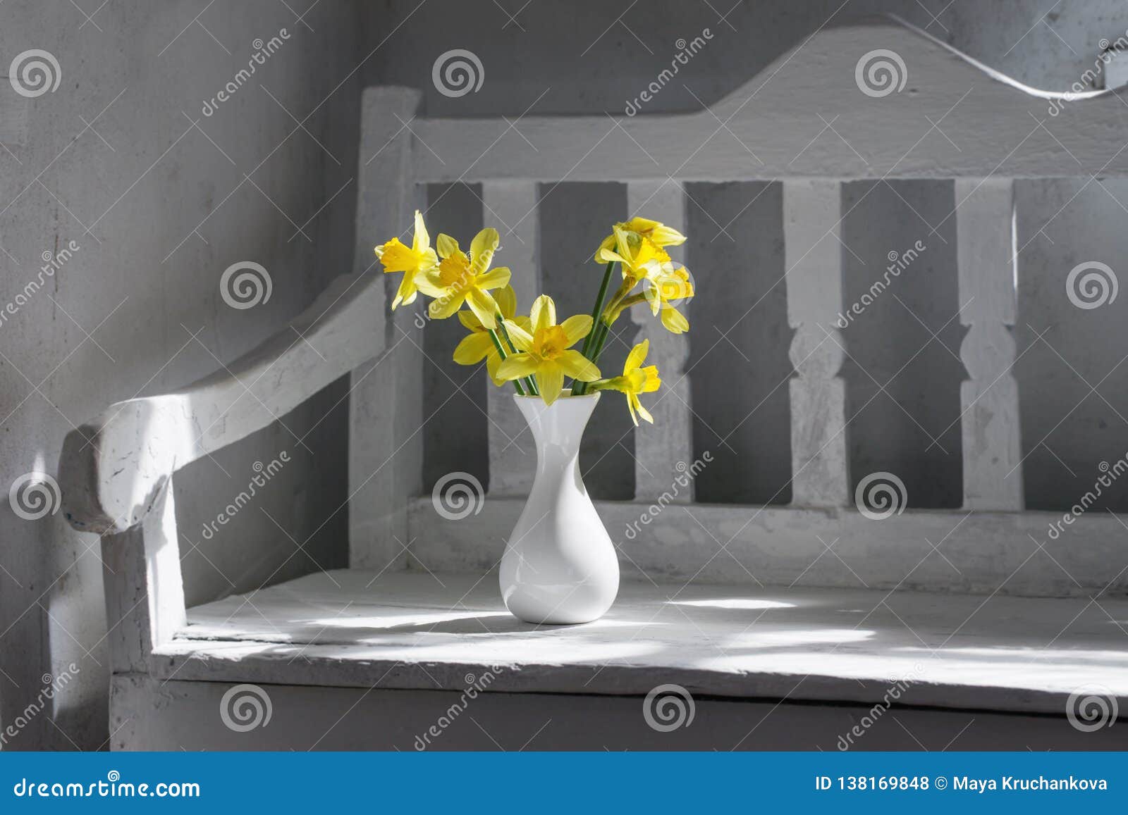 Yellow Spring Flowers on White Wooden Bench Stock Photo - Image of ...