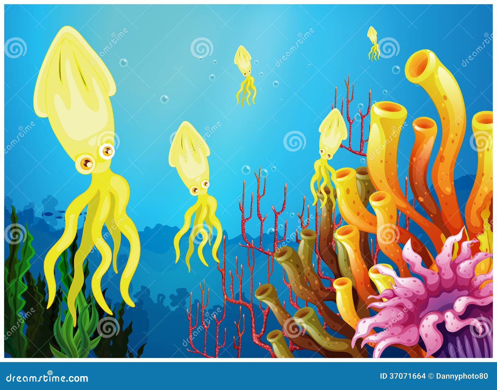 Yellow Squids Near the Coral Reefs Stock Illustration - Illustration of ...
