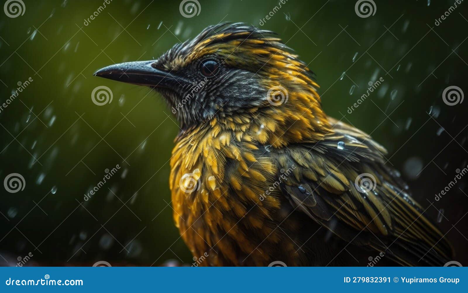 Yellow Starling Perching on Wet Branch, Looking at Camera Generated by ...