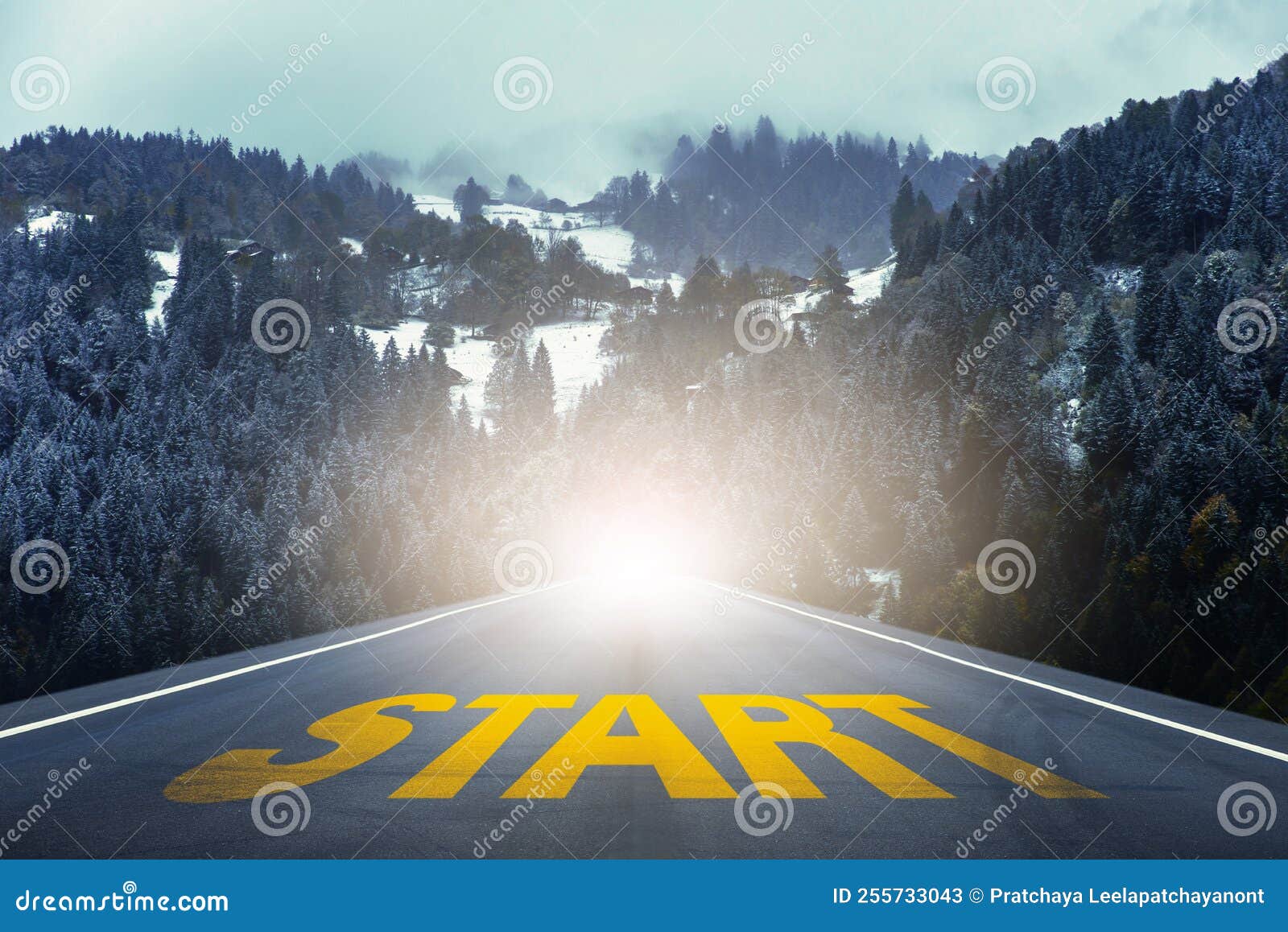 Yellow START Word Written on Highway Road in the Middle of Empty ...