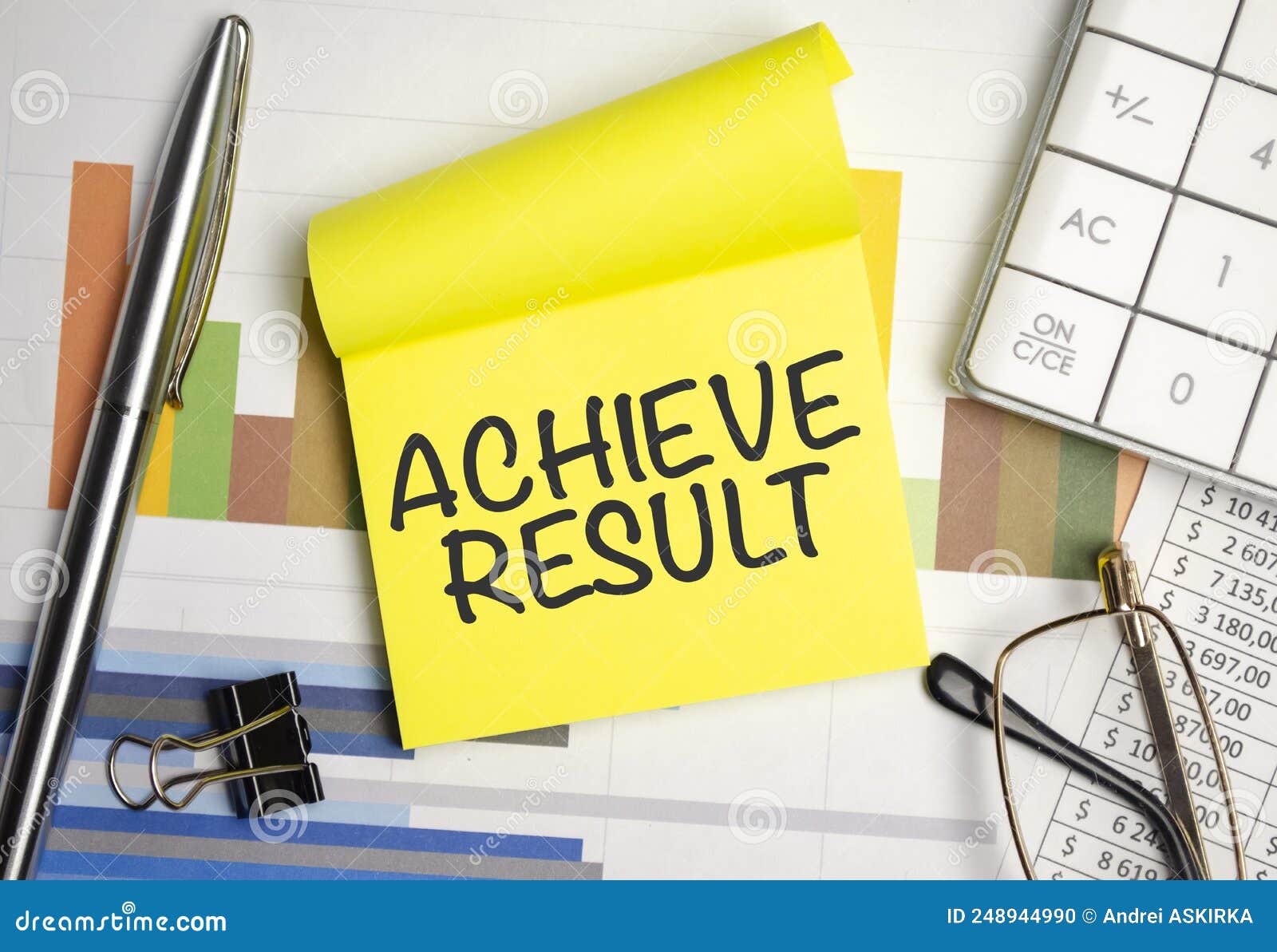Yellow Sticker with the Text Achieve Result and Charts Stock Photo ...