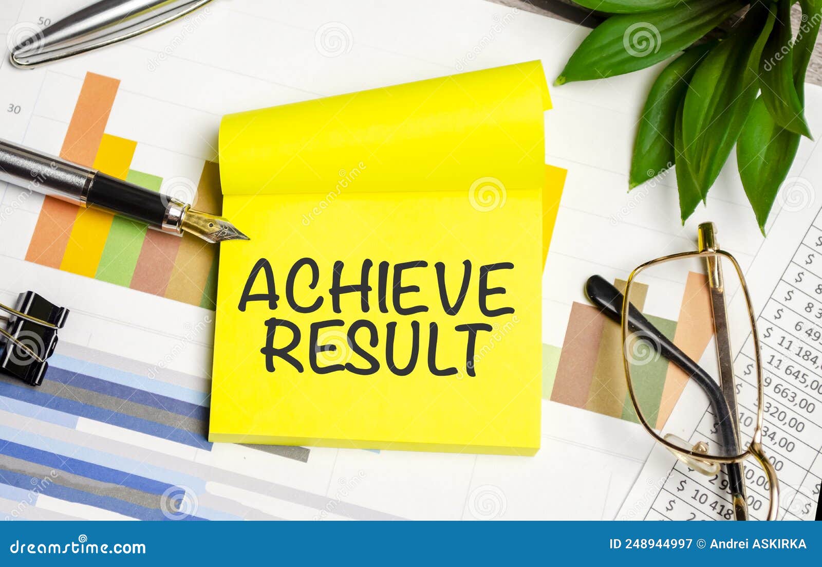 Yellow Sticker with the Text Achieve Result and Charts Stock Image ...