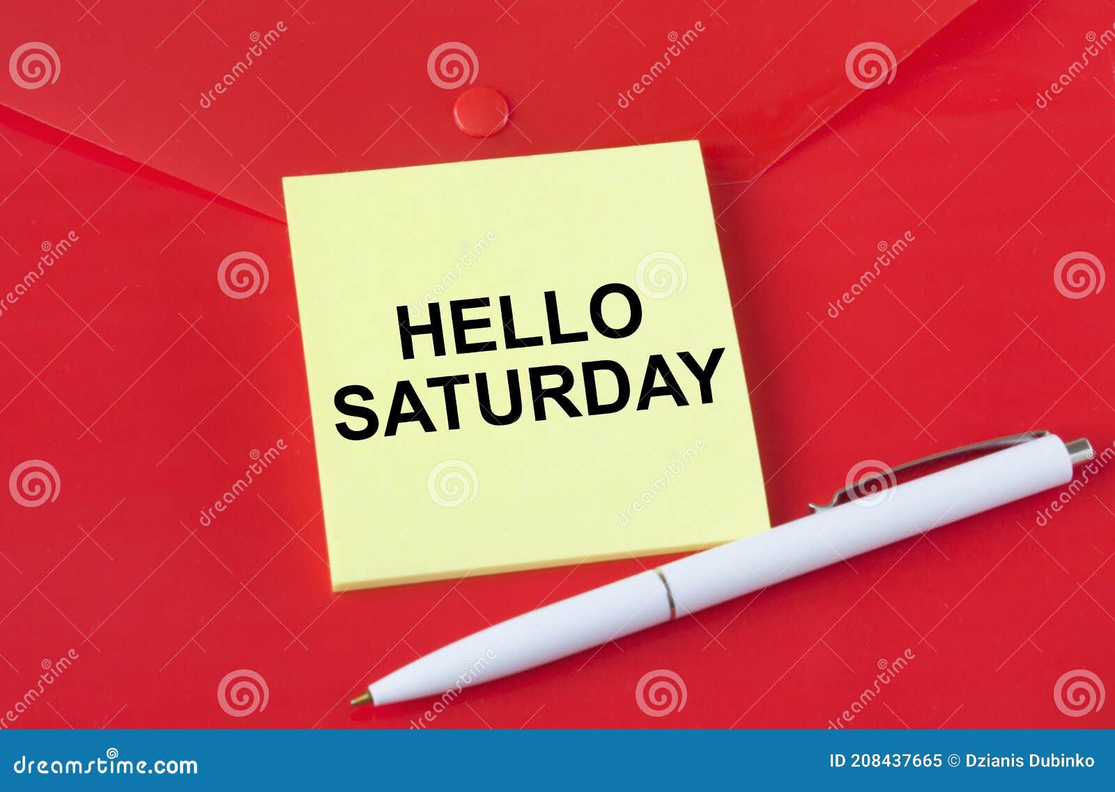 Yellow Sticker with Text Hello Saturday on Red Folder Stock Image ...