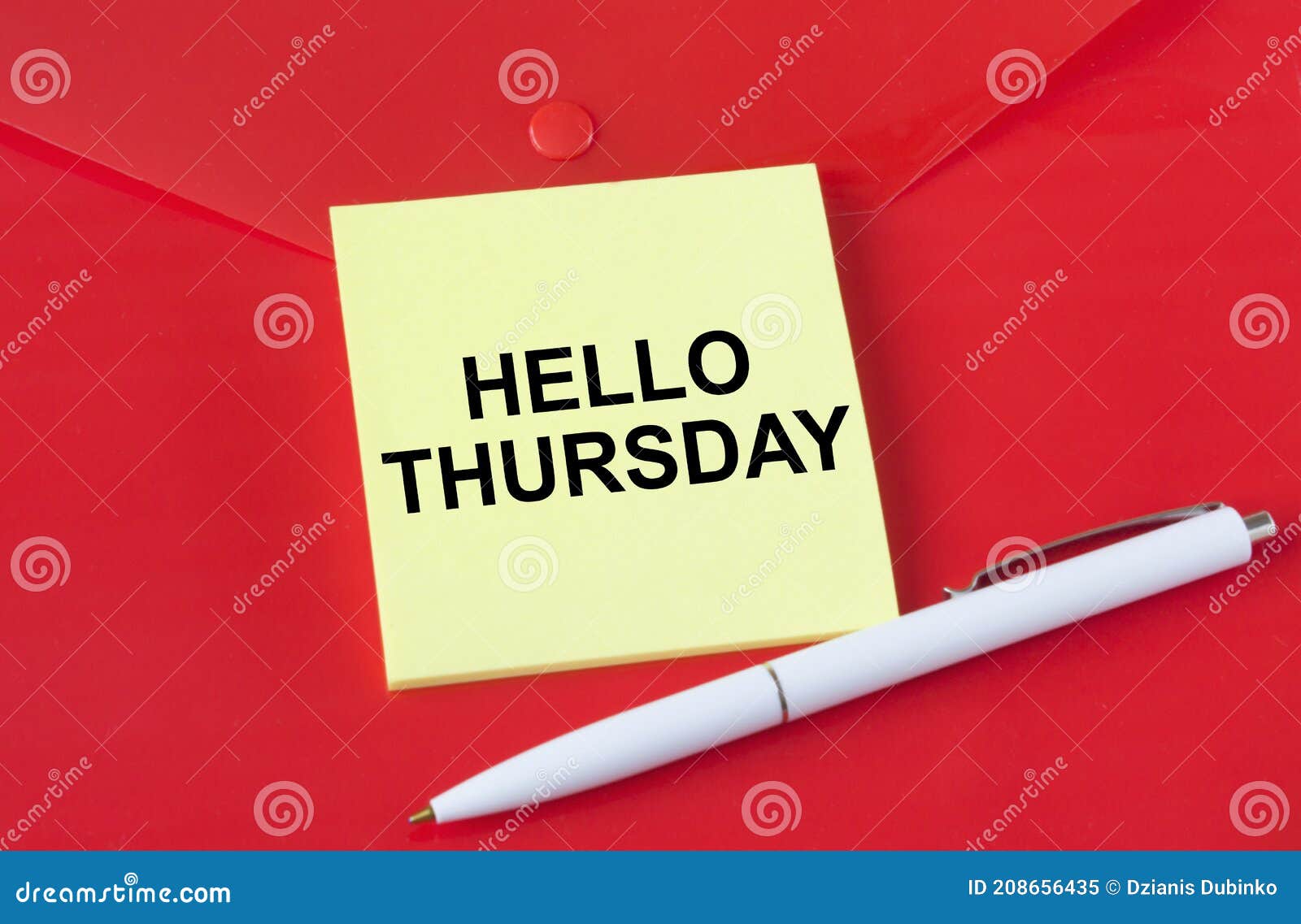 Yellow Sticker with Text Hello Thursday on Red Folder Stock Image ...