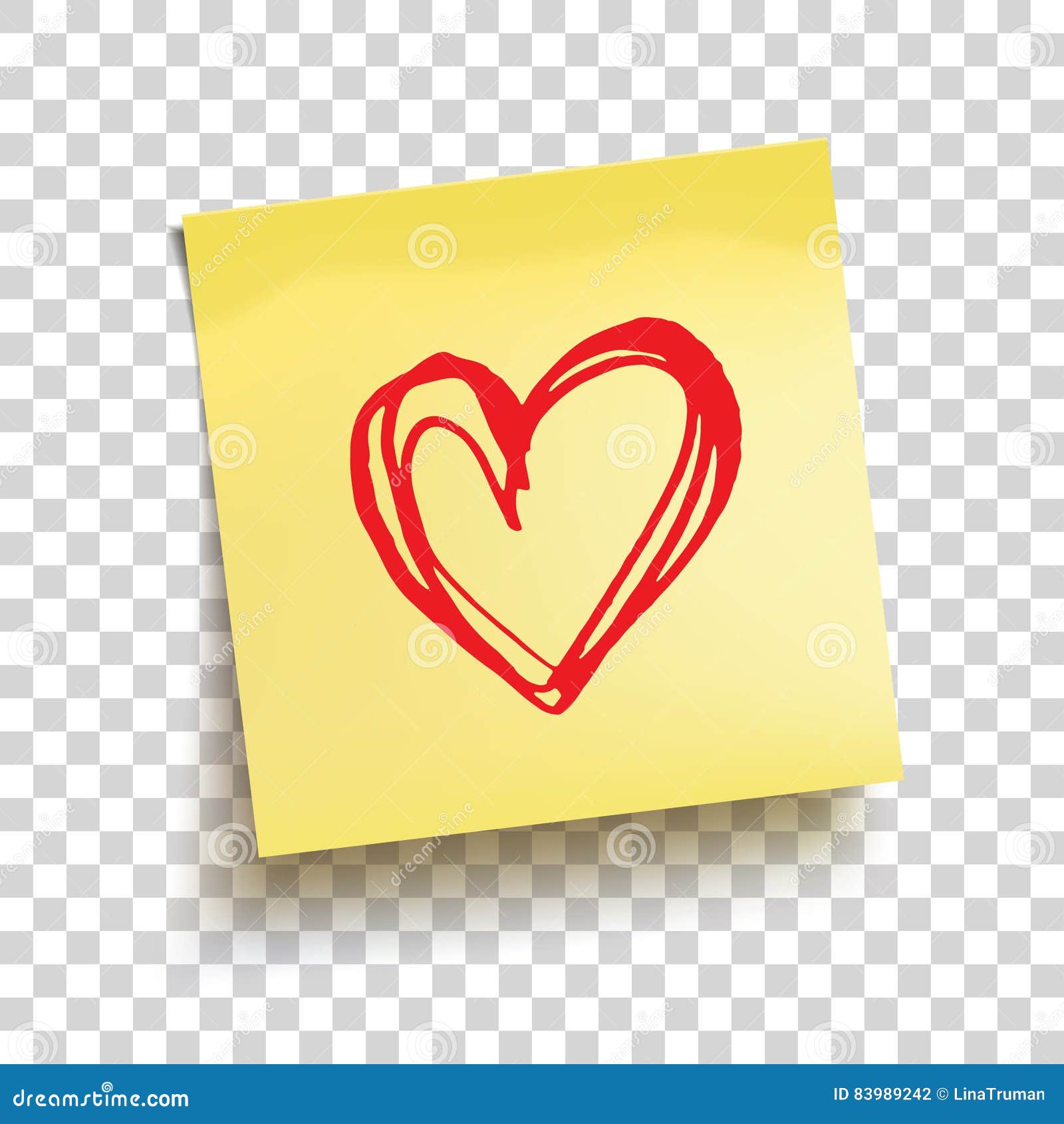 Yellow Sticky Note with Red Hand Drawn Heart. Vector Stock Vector ...