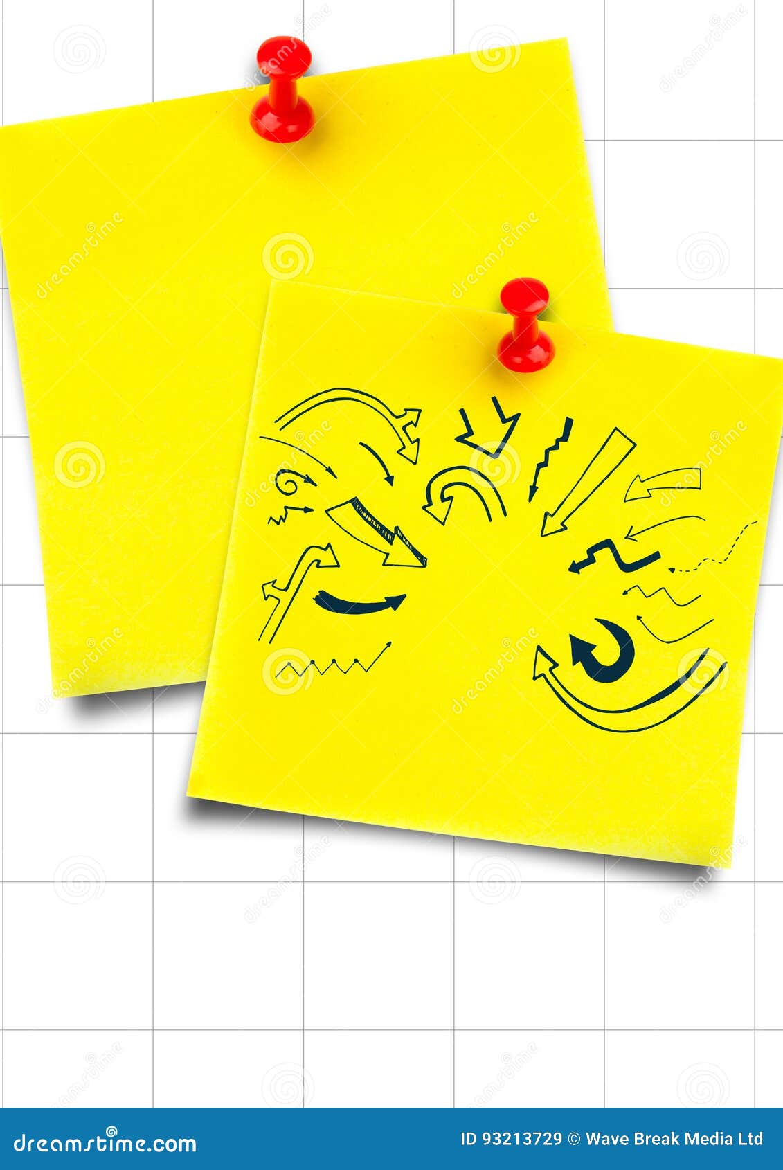 Yellow Sticky Notes with Blue Arrow Doodles Against White Graph Paper ...